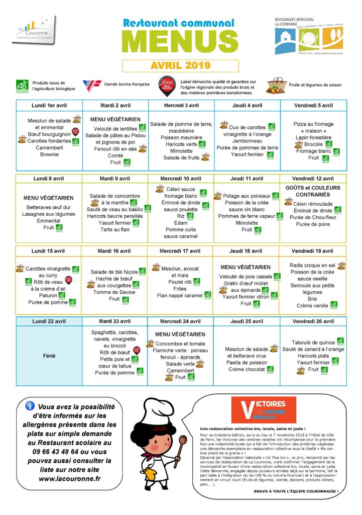 Menus avril - La Couronne