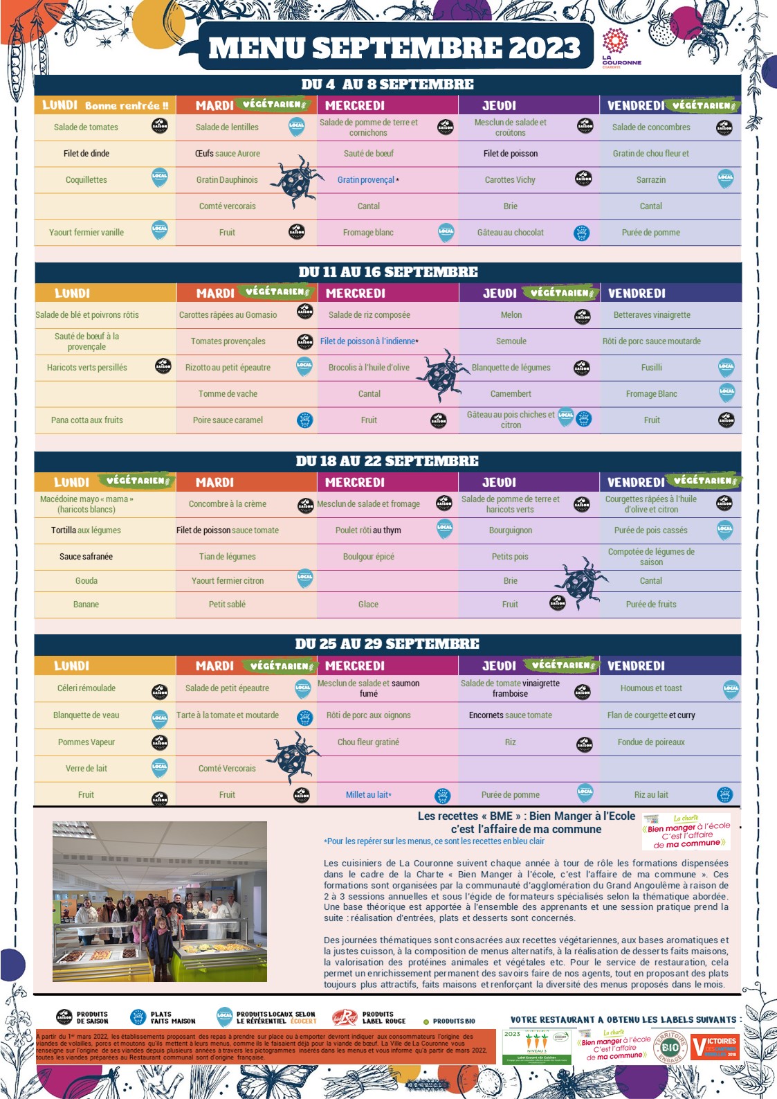 Menus mois de Septembre 2023 - La Couronne